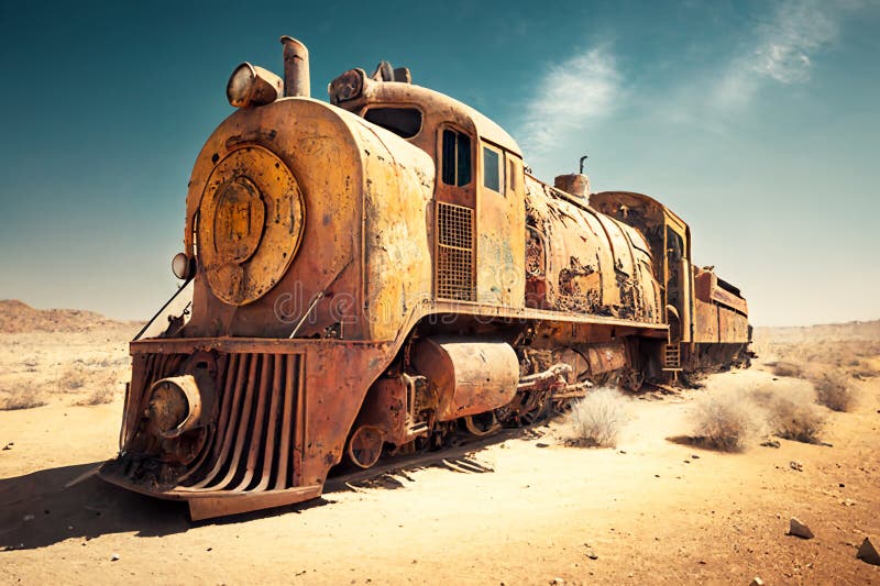 An Old Rusty Steam Locomotive Parked in the Desert Stock Illustration ...