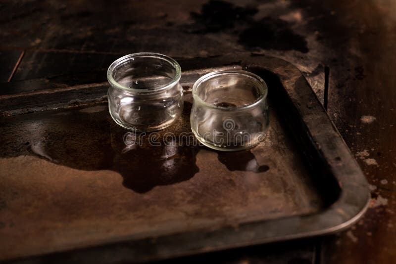 Old Rusty Steel Tray with Empty Glass Bowls Stock Image - Image of ...