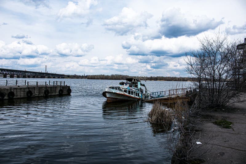 Old Rusty Sunken Ship in the Water on the Territory of the River Port ...
