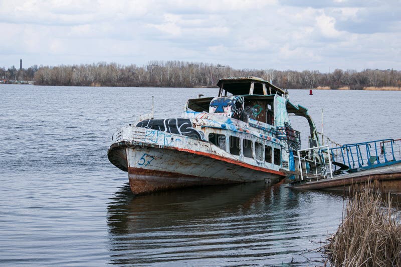 Old Rusty Sunken Ship in the Water on the Territory of the River Port ...