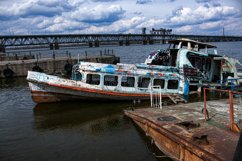 Old Rusty Sunken Ship in the Water on the Territory of the River Port ...