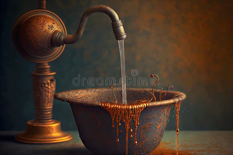 From Old Rusty Tap With Whisk Water Flows Into Rusty Sink Stock