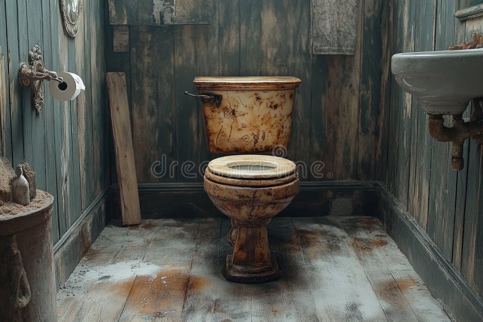 Old Rusty Toilet is Standing in Front of a Grunge Wall in the Backyard ...