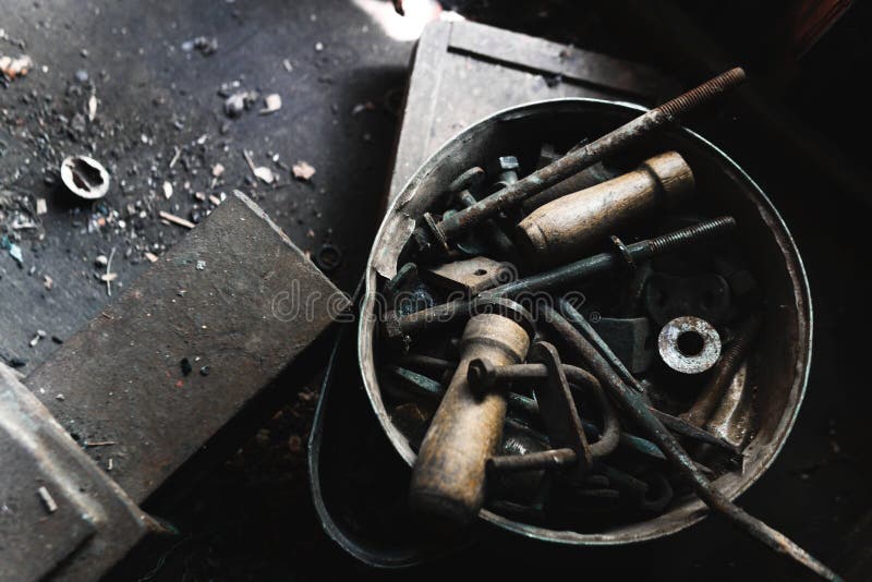 Old Rusty Tools in Confusion. Tool Handles, Wrench and Metal Parts ...
