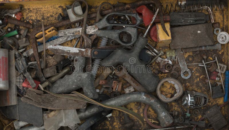 Old Rusty Tools are in the Drawer. a Dirty Box with Construction Tools ...