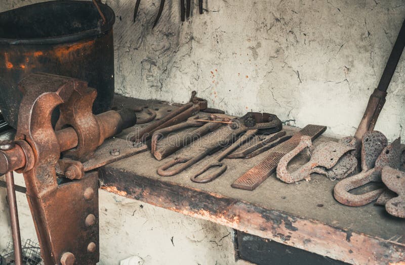Old Rusty Tools on an Old Workbench Stock Photo - Image of table ...