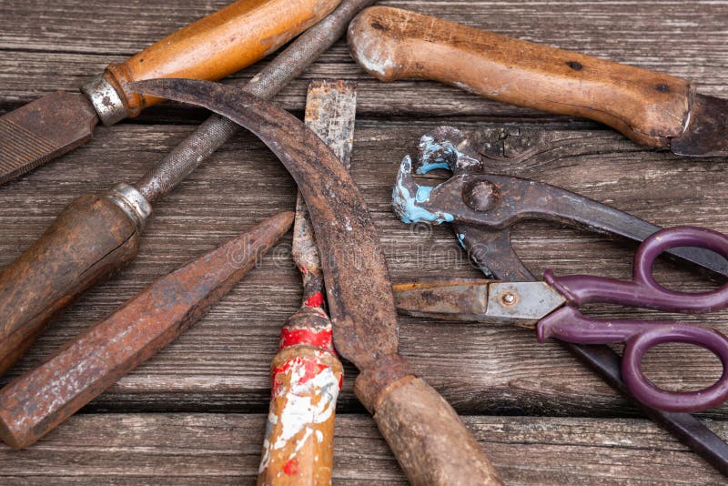 Old Rusty Tools on Wooden Surface Stock Image - Image of object, manual ...