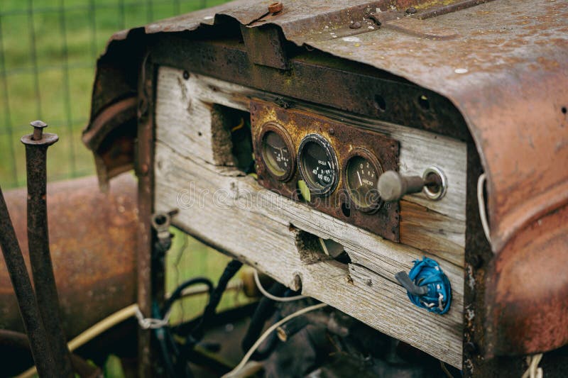 Old Rusty Tractor or Car with Handmade Cheap Instrument Cluster Stock ...