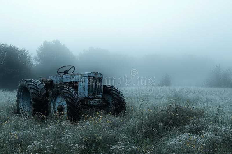 Old, Rusty Tractor Sits Abandoned in a Misty Field, Creating a ...