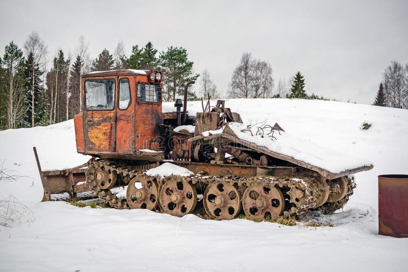 Old Tractor Stands on Snow in Winter Stock Image - Image of engine ...