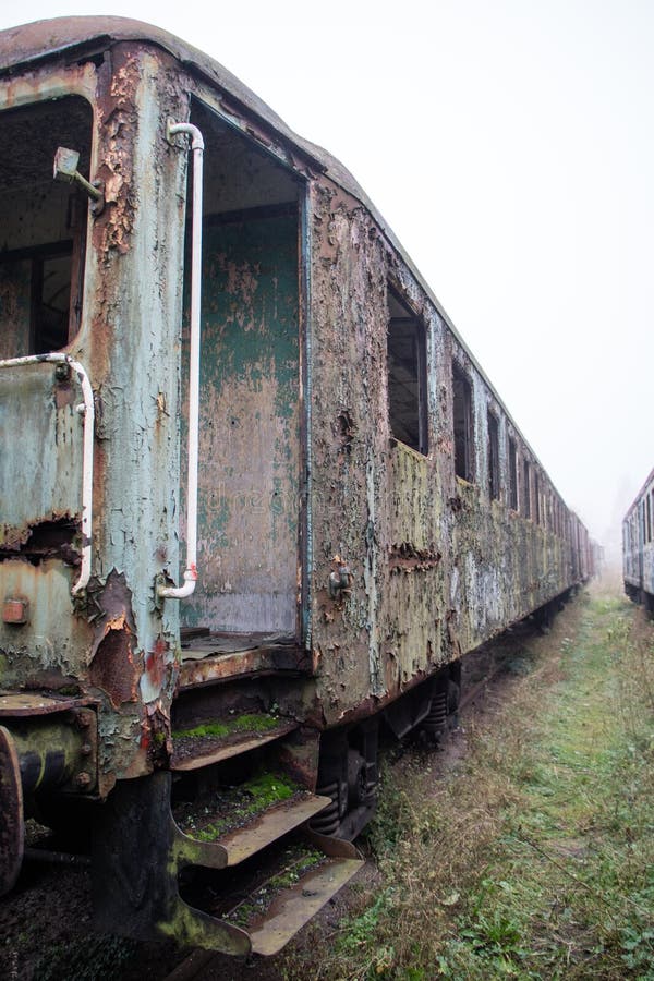 Old Rusty Trains. Old Abandoned Track, Siding with Dirty Old Trains ...