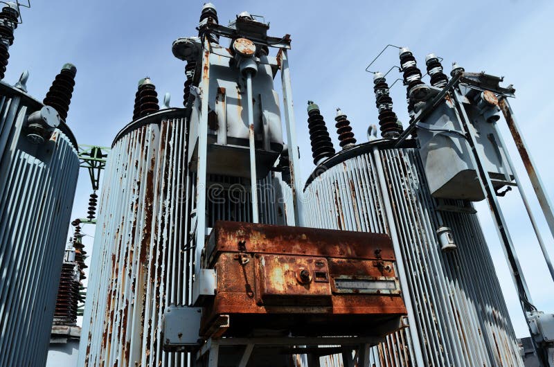 Old Rusty Transformer Substation Against the Blue Sky Stock Photo ...