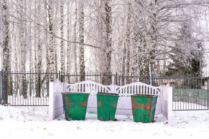 Old Rusty Trash Cans on the Snow in Winter Stock Photo - Image of ...