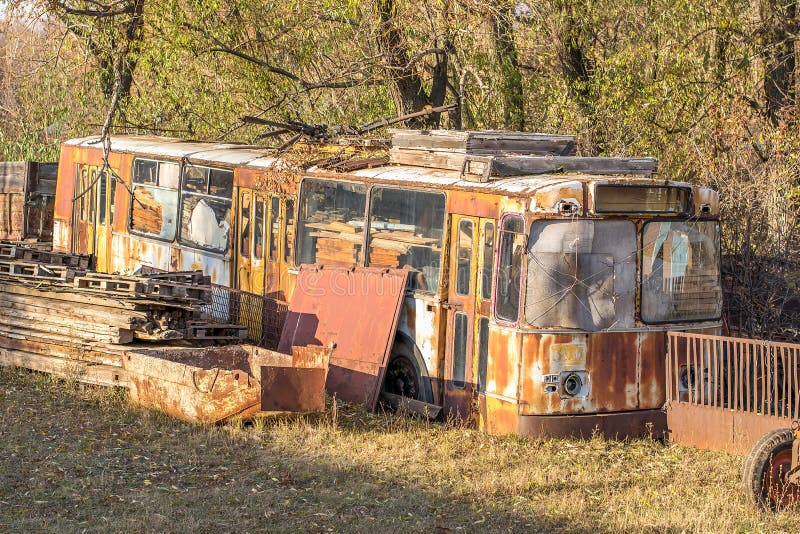 Old Rusty Trolleybus at a Scrap Yard for Scrap Metal Stock Image ...