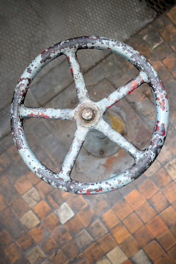 Old Rusty Valve Wheel Painted Blue Red with Peeling Selective Focus ...
