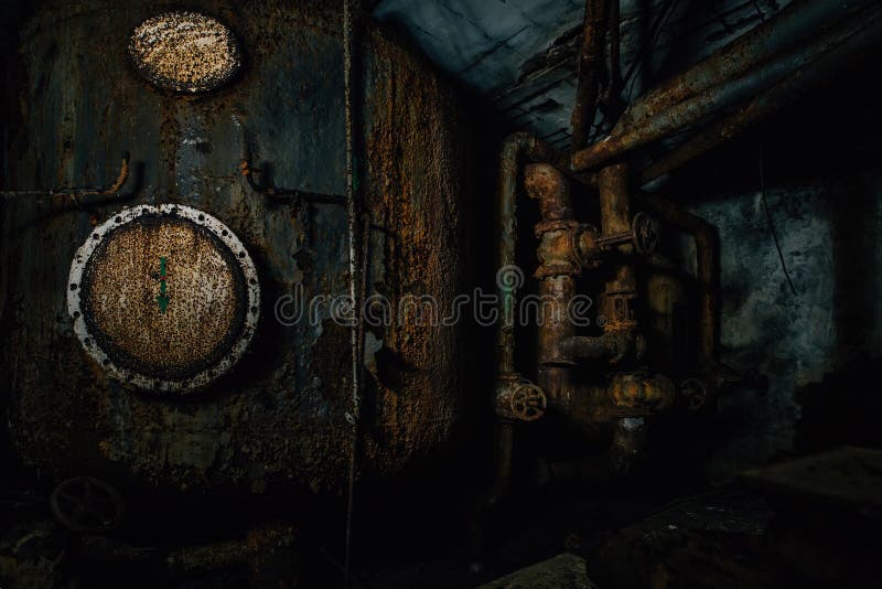 Old Rusty Vat and Pipes in Underground Basement Stock Photo - Image of ...