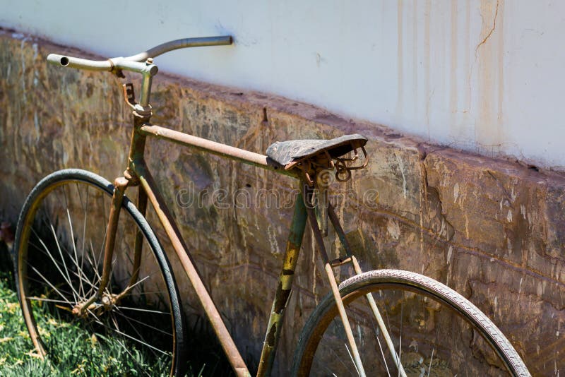 Old Rusty Vintage Bicycle Near the Wall Stock Photo - Image of ...