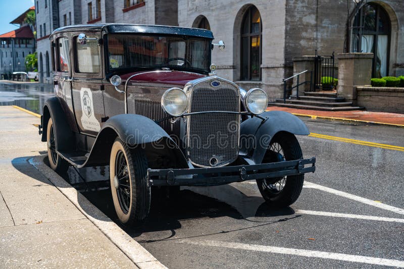 An Old 1930s Ford Model is Parked on the Side of the Road. Front View ...