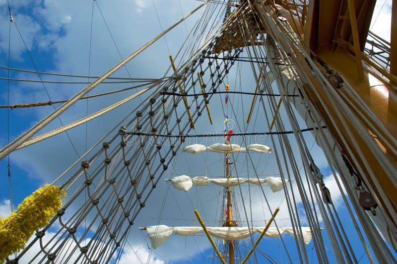 Tall Ship Rigging Ropes Over Blue Sky Stock Image - Image of sailboat ...