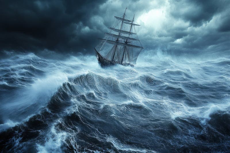 Old Sailing Ship Braving a Stormy Sea with Dramatic Waves and Dark Clouds Stock Image - Image of ...
