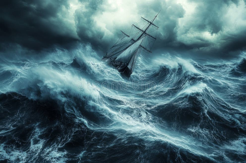 Old Sailing Ship Fighting Huge Waves during a Big Storm in the Ocean ...