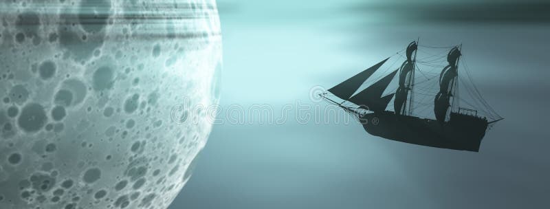 Old Sailing Ship Floating Towards the Moon Stock Illustration ...