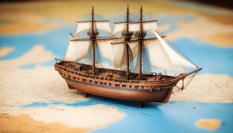 Old Sailing Ship Model on World Map Stock Illustration - Illustration ...