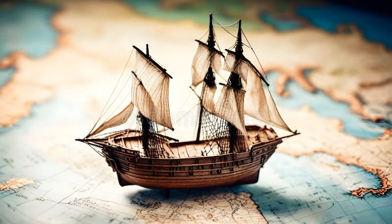 Old Sailing Ship Model on World Map Stock Illustration - Illustration ...