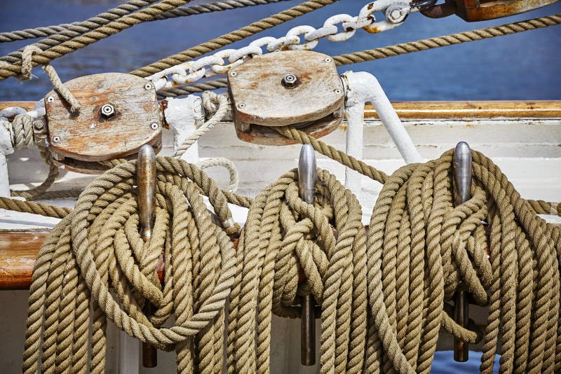 Rigging and Details of Marine Equipment of Sailboat Closeup - Ropes ...