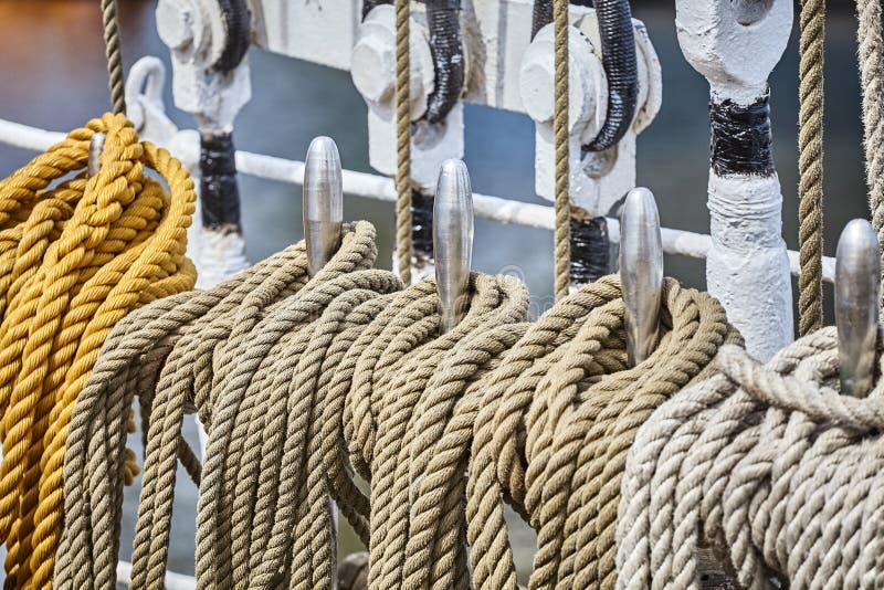 Rigging and Details of Marine Equipment of Sailboat Closeup - Ropes ...