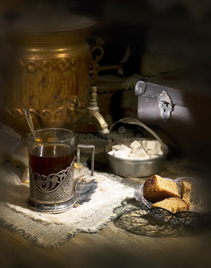 Old samovar on the table stock image. Image of retro - 11254681
