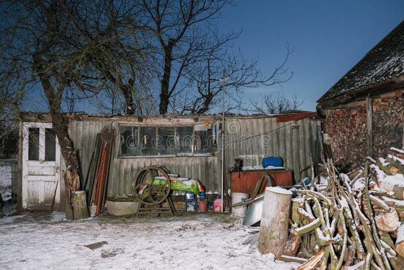 Old Sawmill Winter Snow with Pile of Logs at Night Stock Photo - Image ...