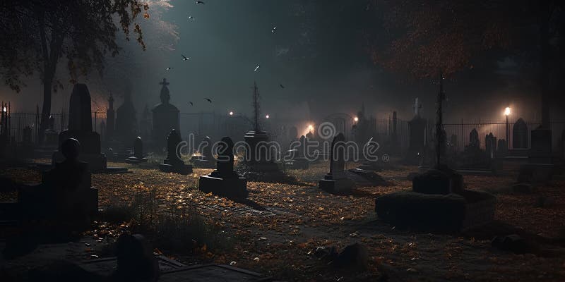 Old Scary Cemetery with Graves and Tombstones at Misty Night Stock ...