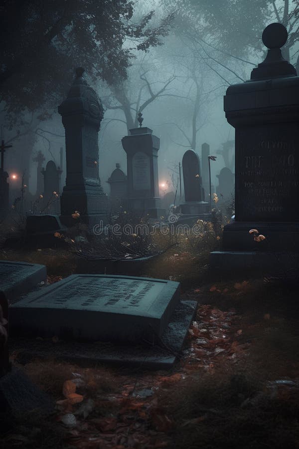 Old Scary Cemetery with Graves and Tombstones at Misty Night Stock ...