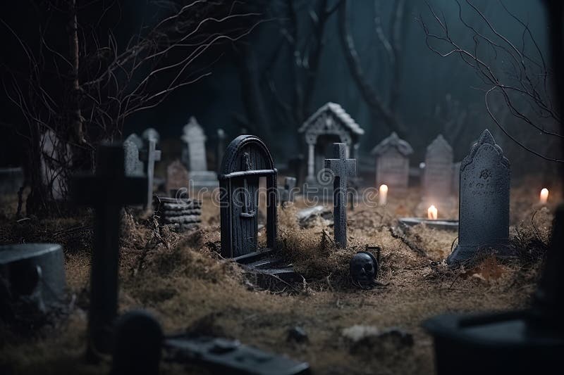 Old Scary Cemetery with Graves and Tombstones at Misty Night Stock ...