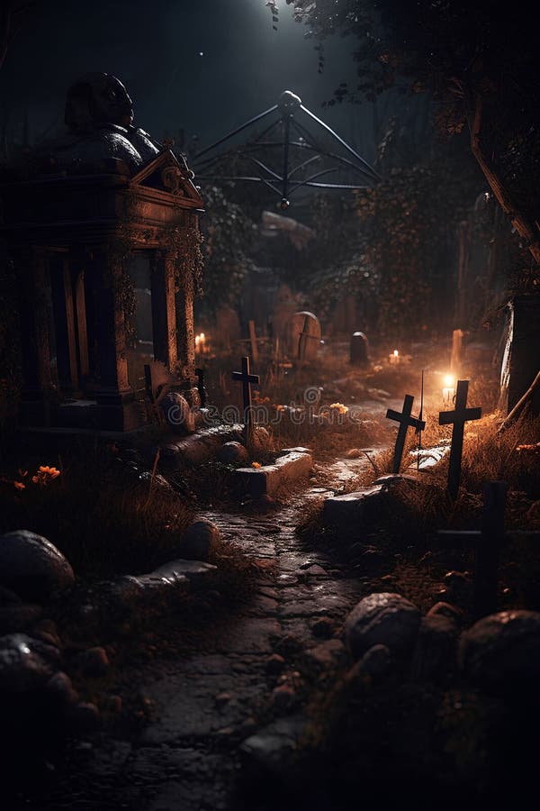 Old Scary Cemetery with Graves and Tombstones at Night Stock ...