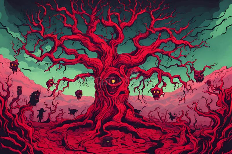 Horror Tree Landscape Artwork. Horror Tree on a Haunted Crimson Land ...