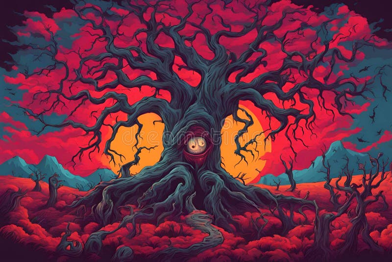 Horror Tree Landscape Artwork. Horror Tree on a Haunted Crimson Land ...