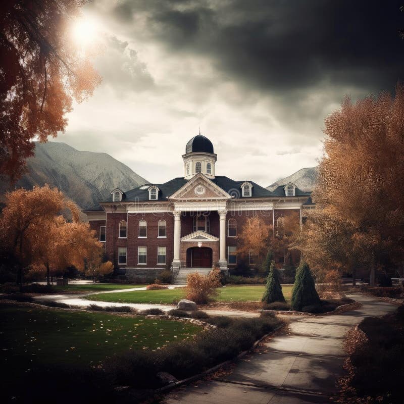 Old School Building in the Park with Dramatic Sky Stock Illustration ...