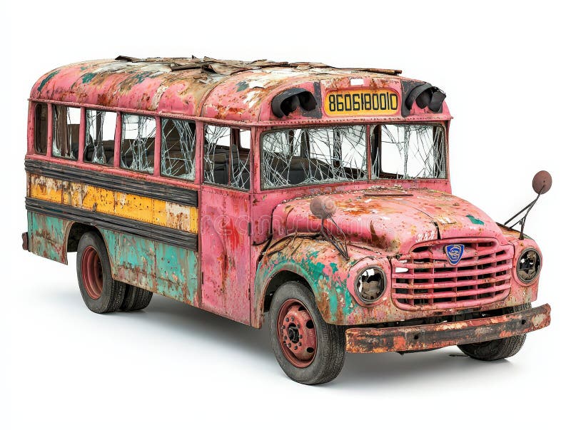 Old School Bus with a Broken Front Parked in a Rural Setting with Trees ...