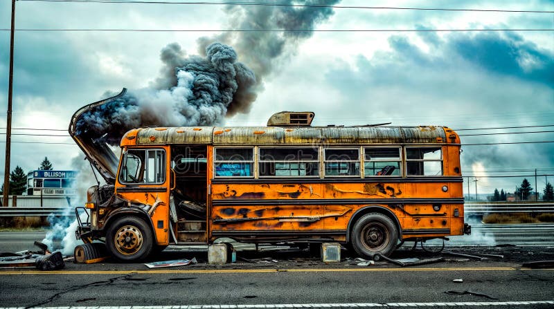 Old School Bus with Lot of Smoke Coming Out of the Back. AI. Stock ...