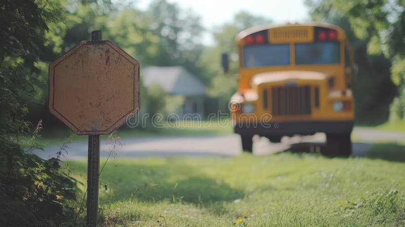 Old School Bus Stop Sign. Nostalgic Education System Scene Stock Photo ...