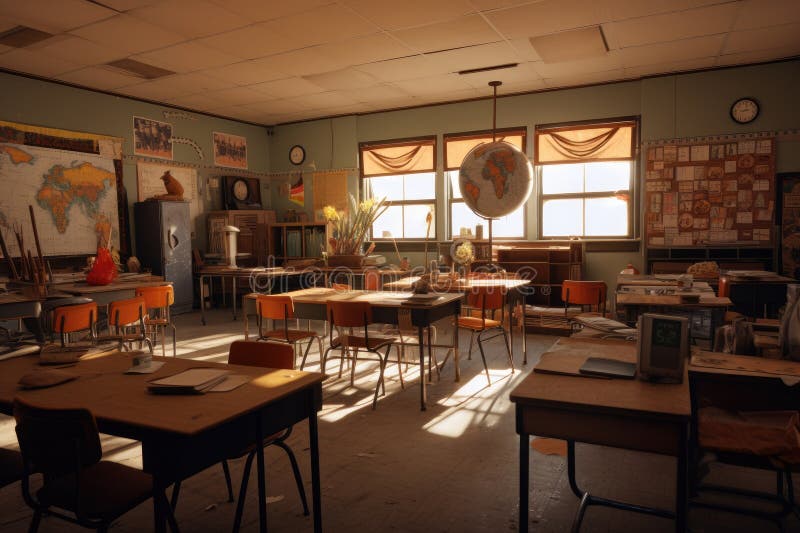 Old School Classroom with Tables, Chairs and Other Objects in it, a ...