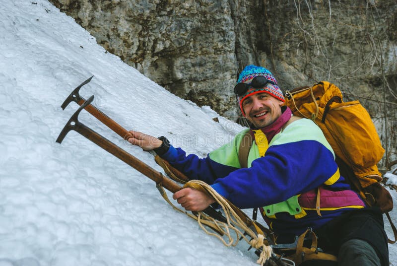 Old School Climber in Vintage Clothes and with Vintage Equipment Stock ...