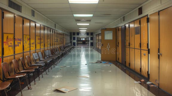 Old School Corridor with Garbage and Graffiti after Shooting Stock Image - Image of graffiti ...