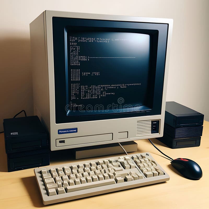Old-School Desktop Computer Setup with Pixelated Screens, Floppy Disks ...
