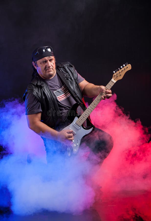 Old School Rock Musician is Playing Guitar. Stock Image - Image of ...