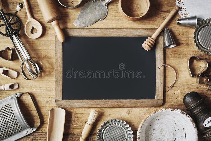 Old School Slate Surrounded by Vintage Kitchenware Stock Image - Image ...