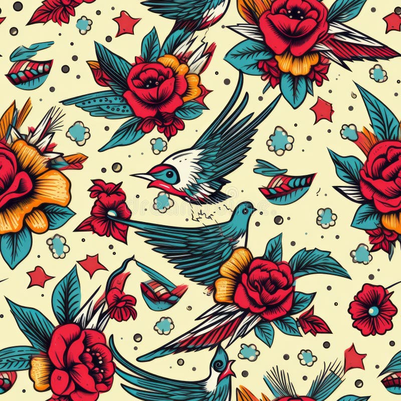 Old School Tattoo Seamless Pattern. Pattern with Floral Elements Stock ...