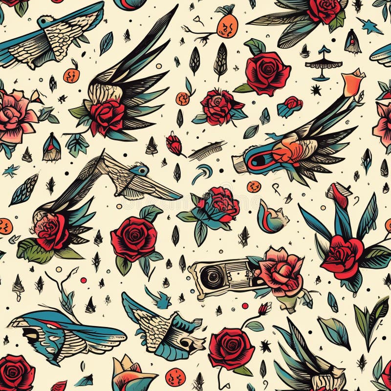 Old School Tattoo Seamless Pattern. Pattern with Floral Elements Stock ...